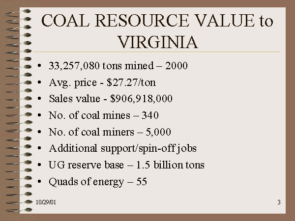 COAL RESOURCE VALUE to VIRGINIA