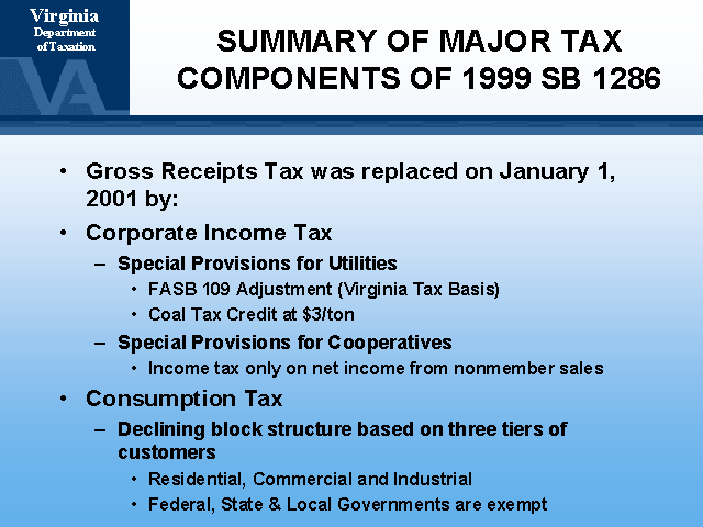 SUMMARY OF MAJOR TAX COMPONENTS OF 1999 SB 1286